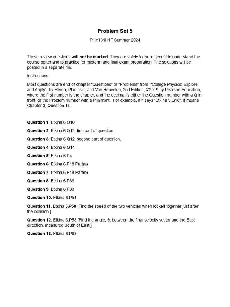 Non-Marked Problem Set 5 Course Review and Exam Practice | PDF | Collision | Mechanics