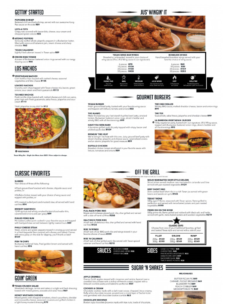 Texan Wing Bar Monte Menu 28062021 | PDF