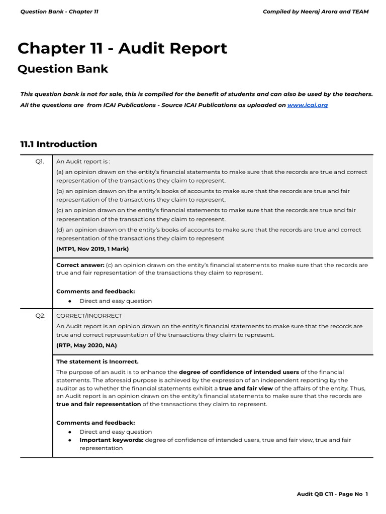 C11 Audit Question Bank | PDF | Auditor's Report | Audit