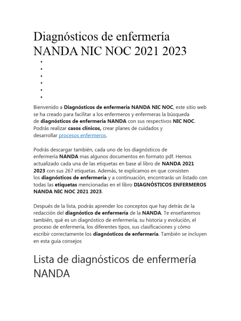 Diagnósticos de Enfermería NANDA NIC NOC 2021 2023 SII | PDF | Enfermería | Diagnostico medico