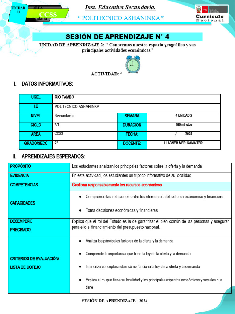 Sesion CCSS 2° Sec-Semana 04 Uni. 2 | PDF | Oferta (economía) | Oferta y demanda