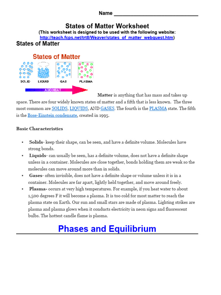 Webquest - States of Matter Worksheet | PDF | Gases | Liquids