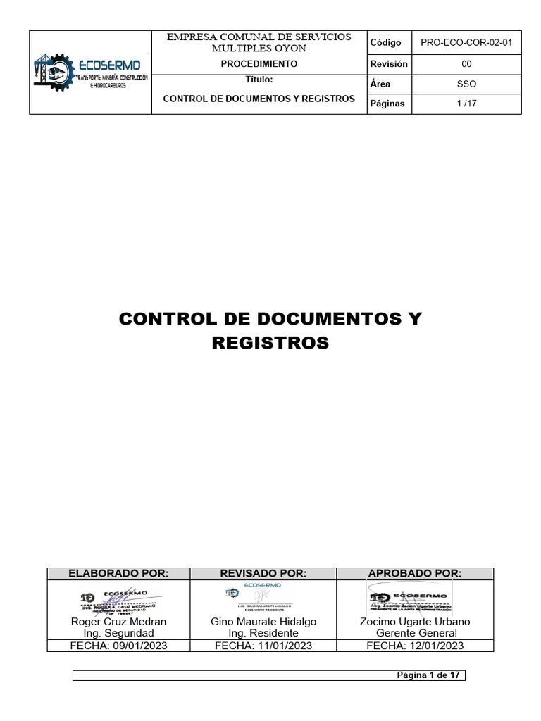 PRO-ECO-COR-02-01 Control de Documentos y Registros | PDF | Business | Seguridad y salud ocupacional