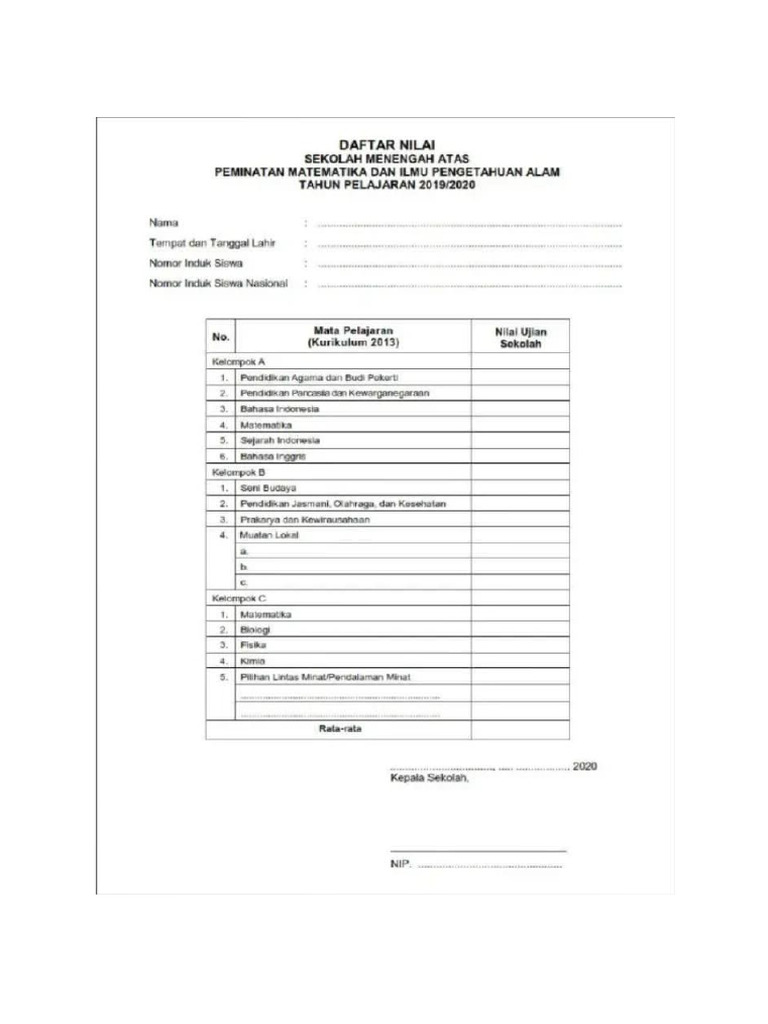 Contoh File Daftar Nilai Kejar Paket Kurikulum 2013 | PDF