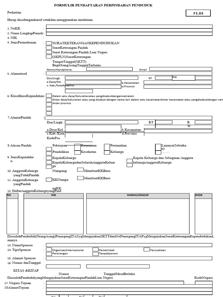 F1.03 Formulir Pendaftaran Perpindahan Penduduk | PDF