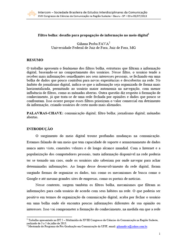 Filtro Bolha - Desafio para Propagação de Informação No Meio Digital ...