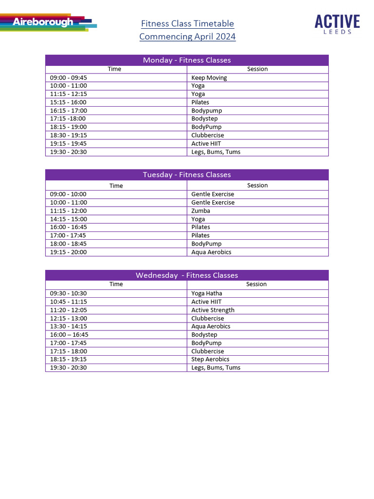 Aireborough Fitness Timetable April 2024 | Download Free PDF | Physical ...