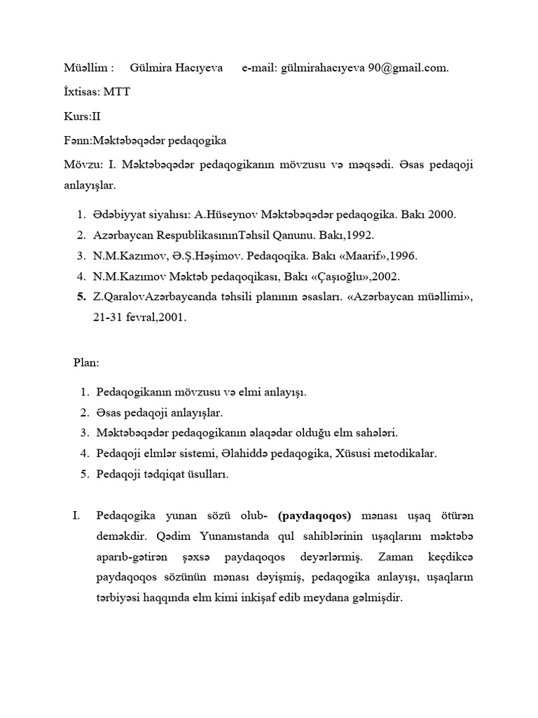 MƏKTƏBƏQƏDƏR Pedaqogika MTT II Kurs | PDF