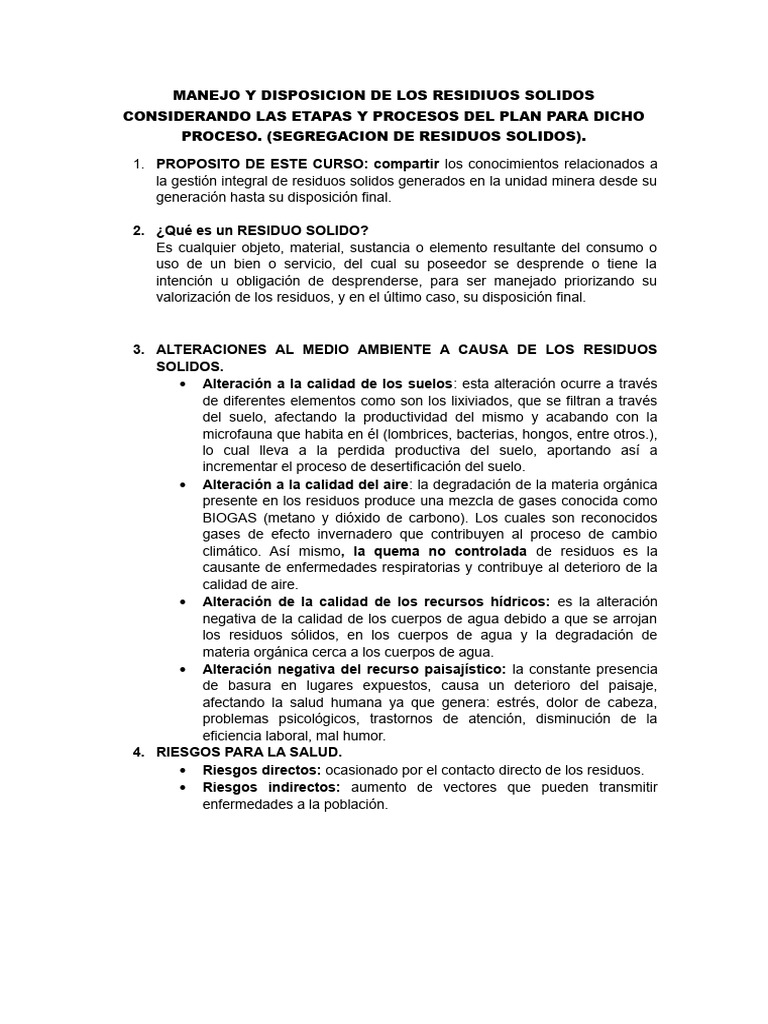Capacitacion de Manejo y Disposicion de Los Residiuos Solidos Considerando Las Etapas y Procesos ...