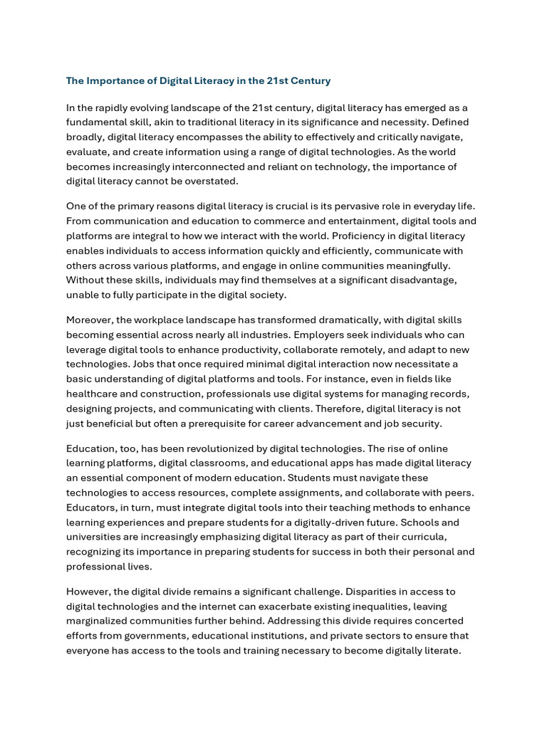 The Importance of Digital Literacy in The 21st Century | PDF | Literacy ...