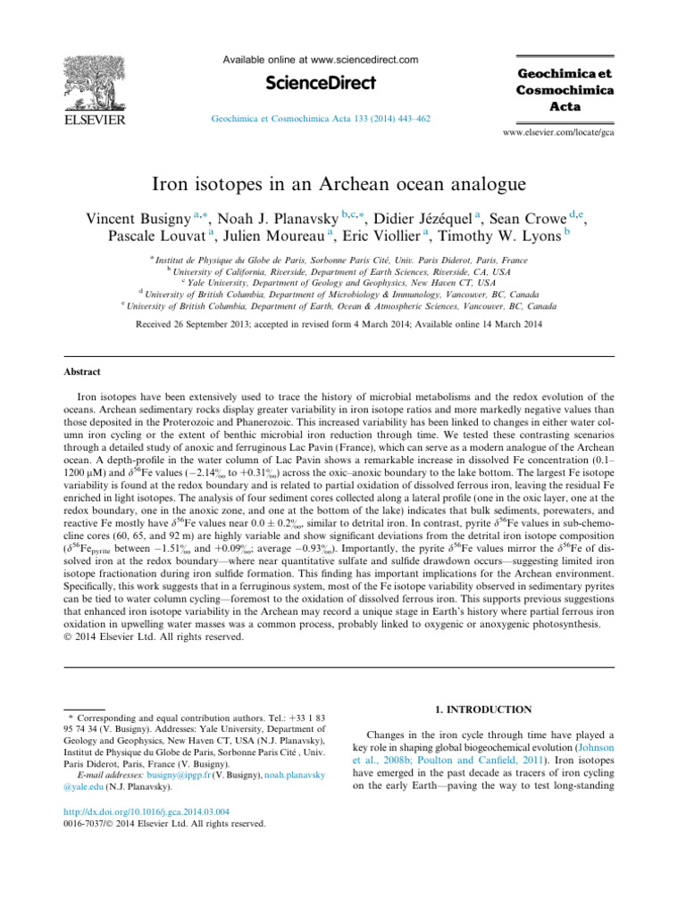 Iron Isotopes in An Archean Ocean Analogue | Download Free PDF | Iron ...