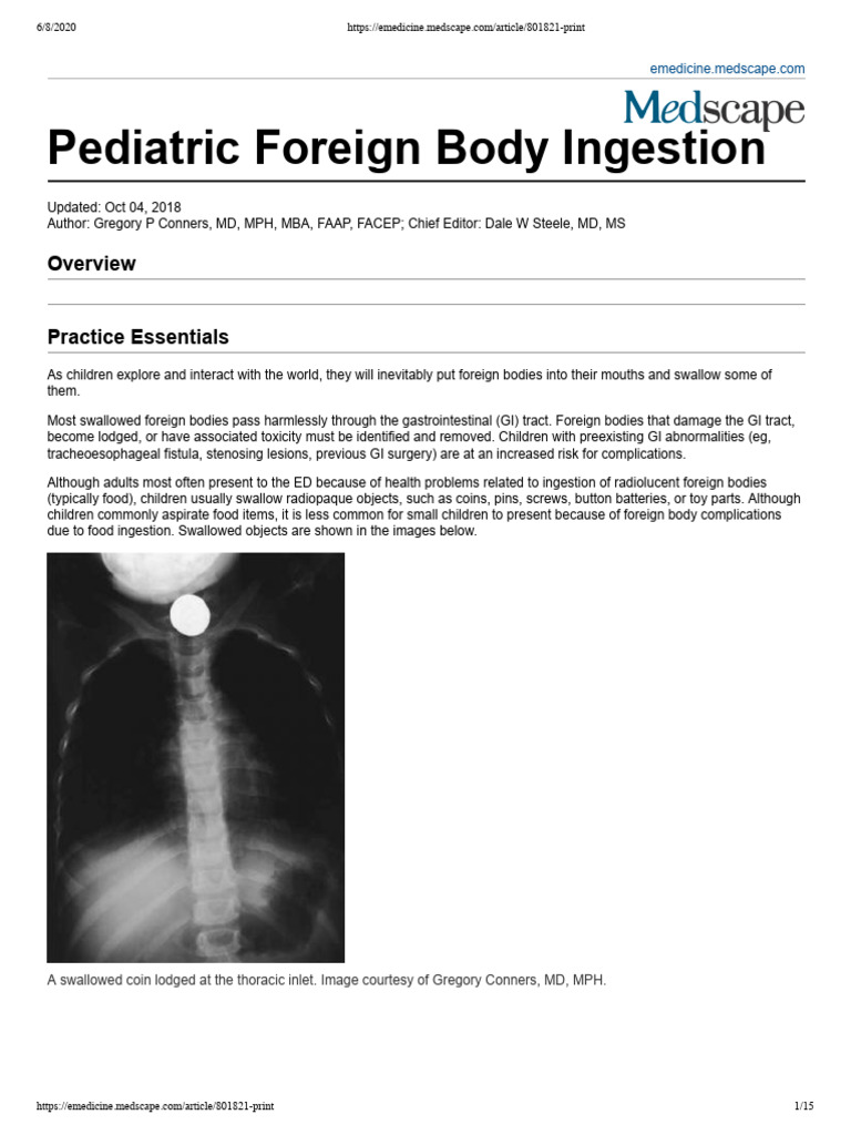 Medscape Pediatric Foreign Body Ingestion | PDF | Esophagus | Endoscopy