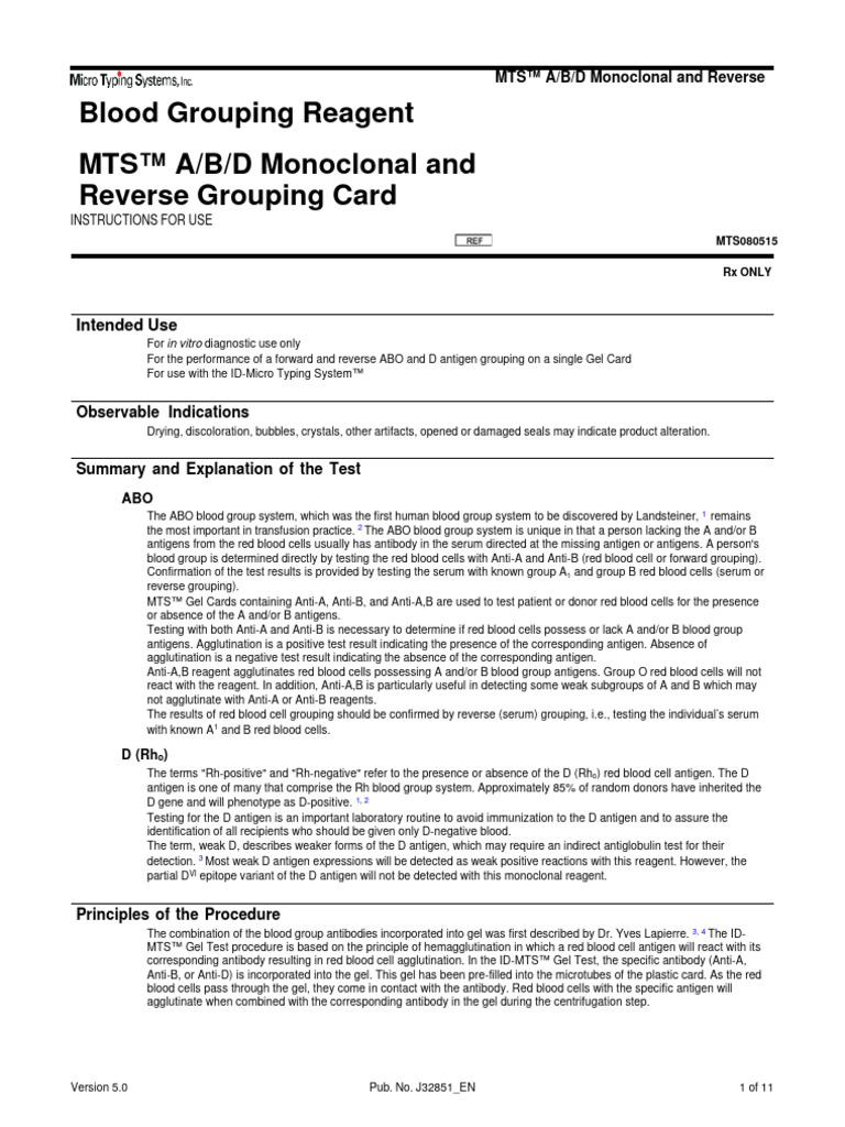 Package Insert - MTS a-B-D Monoclonal and Reverse Grouping Card | PDF ...