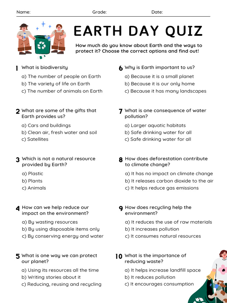 Earth Day Multiple Choice Quiz Worksheet in Colorful Simple Style | PDF ...