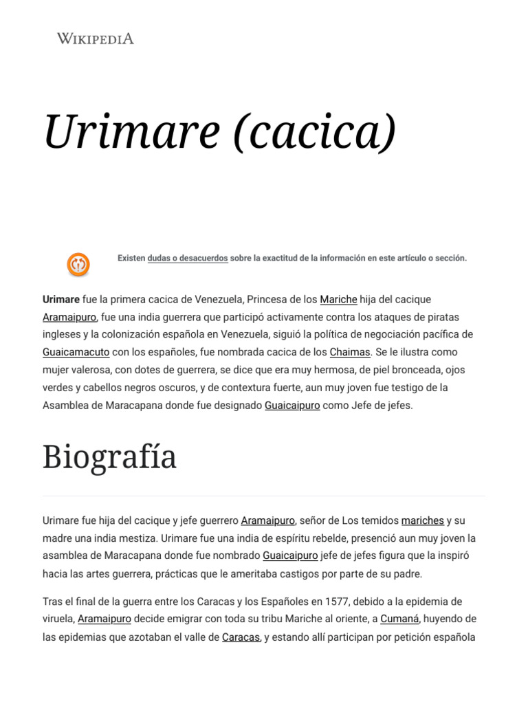 Urimare (Cacica) - Wikipedia, La Enciclopedia Libre | PDF