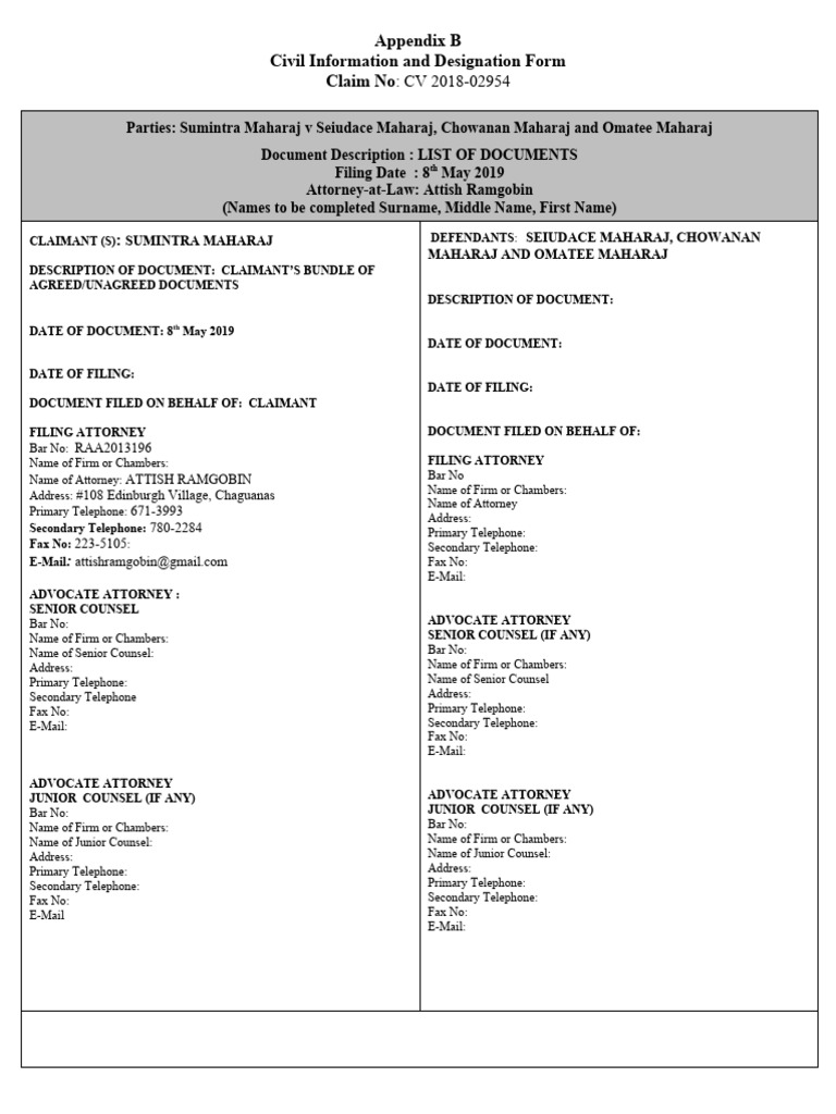 FILING FORM B - Sumintra Maharaj Agreed and Unagreed | PDF | Advocate ...