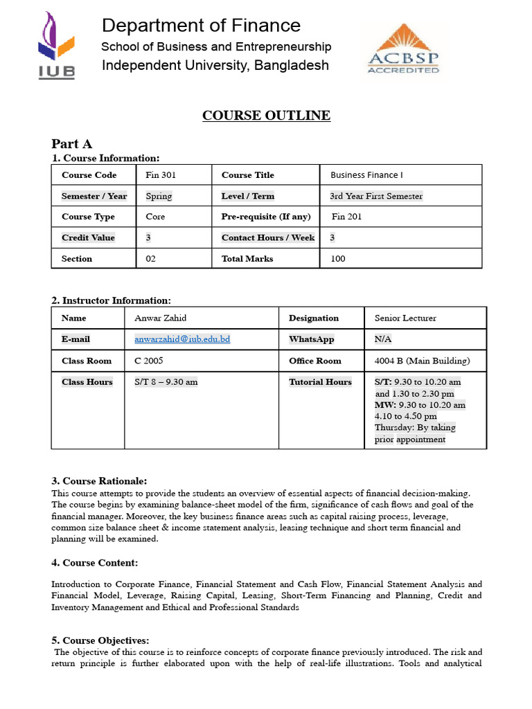 Fin 301 Course Outline: Business Finance I | PDF | Business | Economies