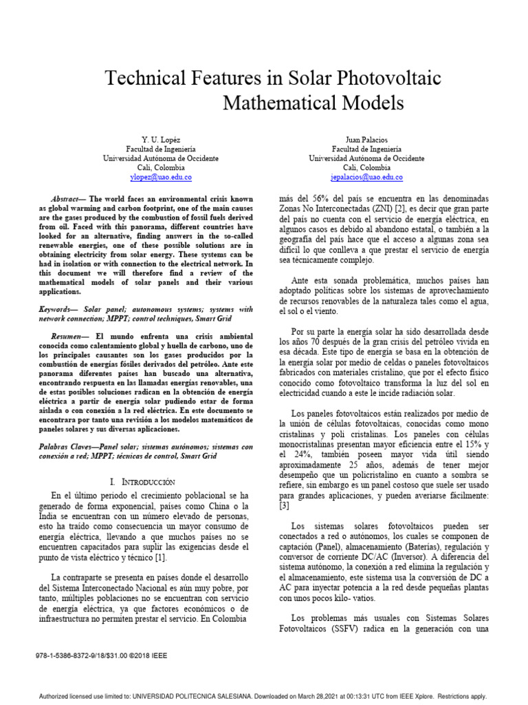 Technical Features in Solar Photovoltaic Mathematical Models | PDF | Panel solar | Fotovoltaica