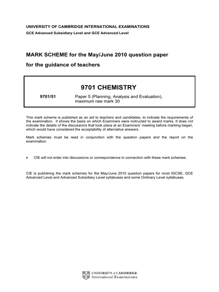 9701 Chemistry: MARK SCHEME For The May/June 2010 Question Paper For ...