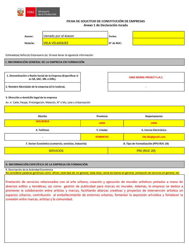 Ficha de Solicitud de Constitución de Empresas (1) (2) - Modificada | PDF | Documento de identidad