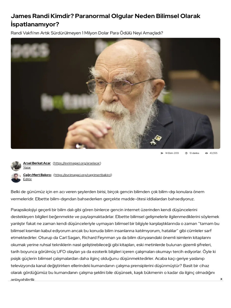 James Randi Kimdir - Paranormal Olgular Neden Bilimsel Olarak İspatlanamıyor - Evrim Ağacı | PDF
