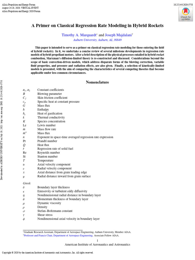 A Primer On Classical Regression Rate Modeling in Hybrid Rockets | PDF ...