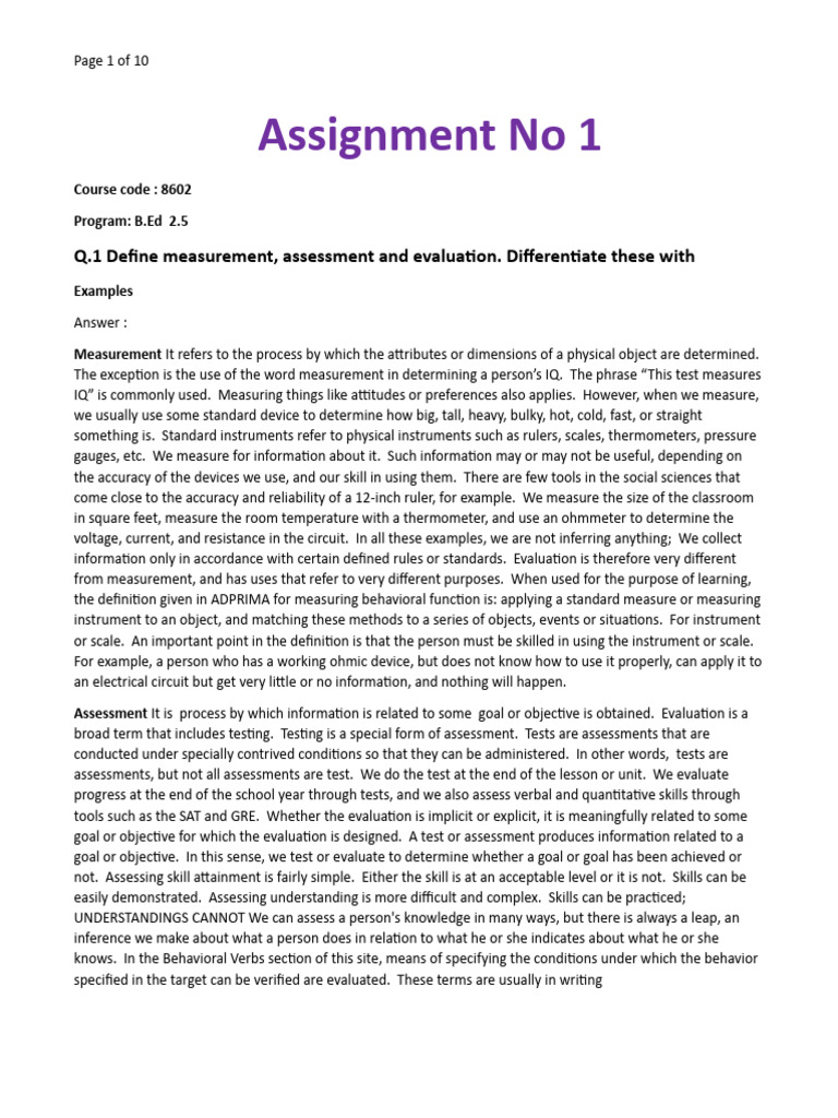 Assignment No 1: Q.1 Define Measurement, Assessment and Evaluation. Differentiate These With ...