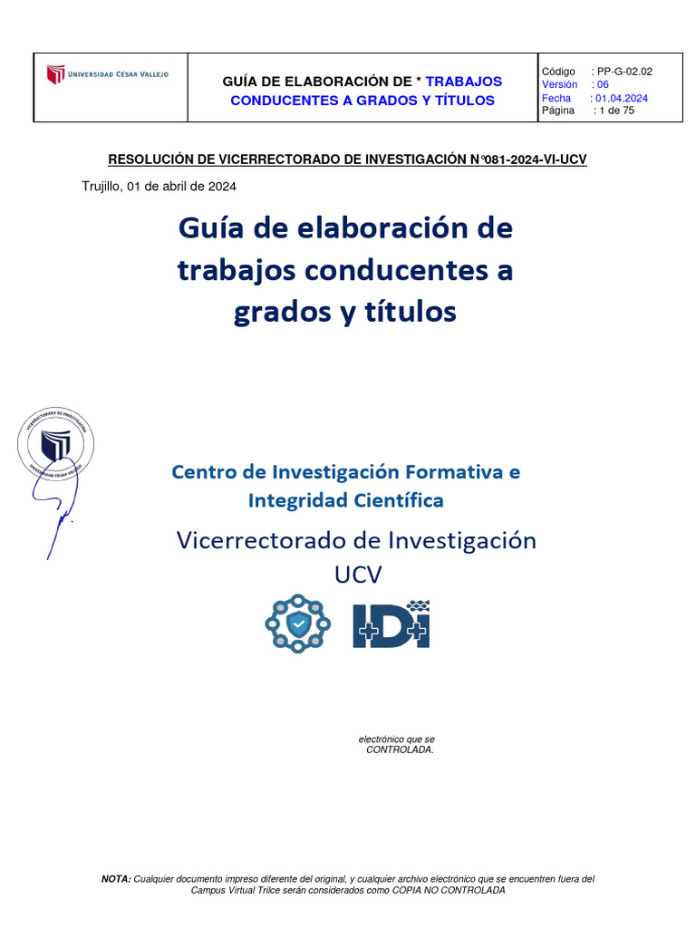 RVI N°081-2024-VI-UCV Aprueba Guía 2024 | PDF | Teoría | Diseño de la investigación