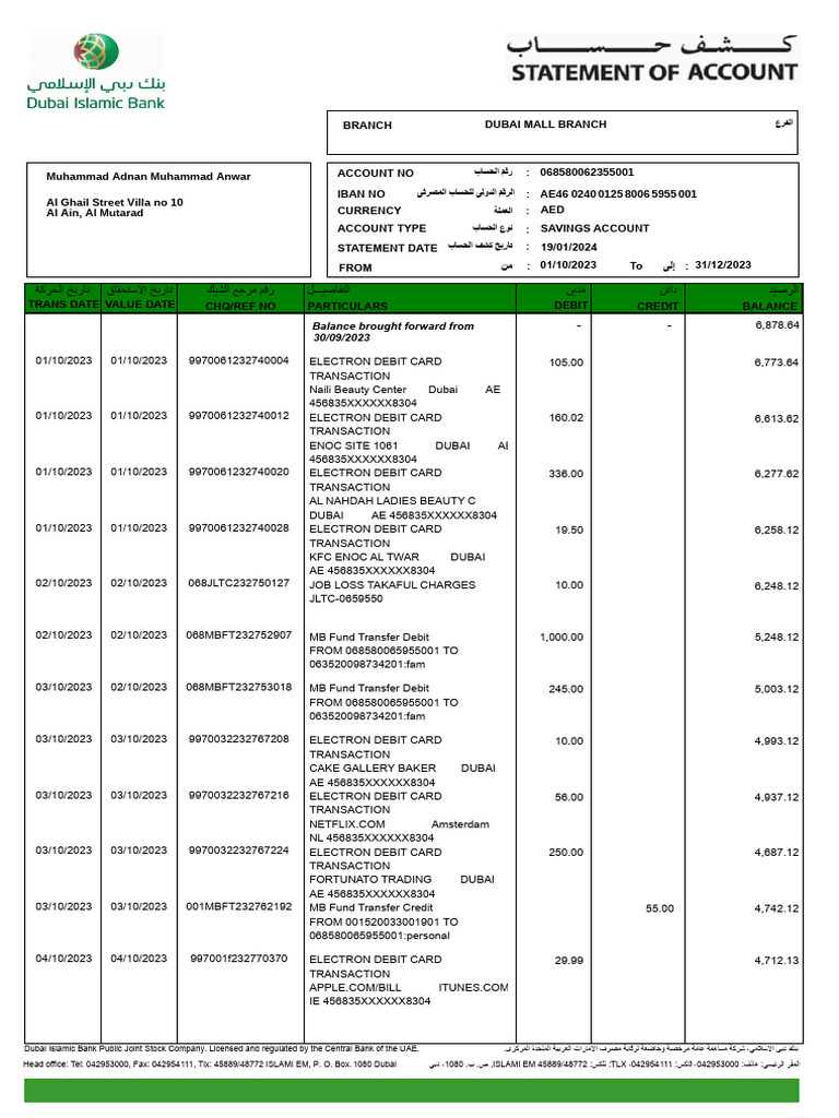 Muhammad Adnan Statement Dubai | PDF | Debit Card | Money