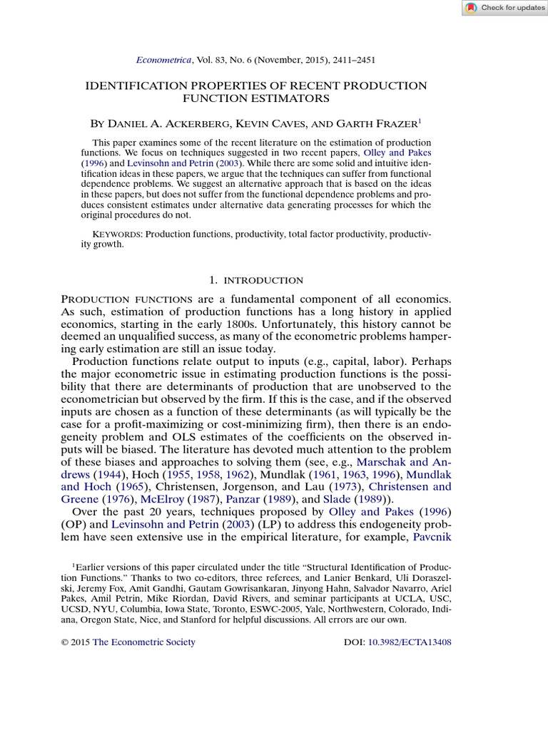 Econometrica - 2015 - Ackerberg - Identification Properties of Recent ...