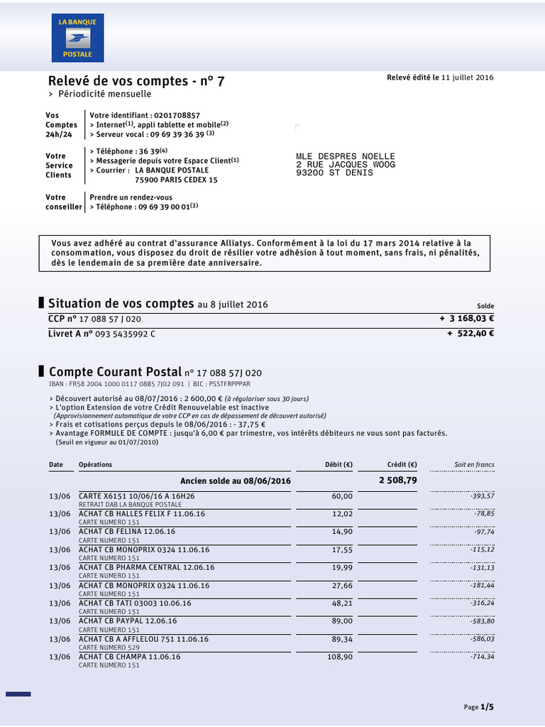 Relevé bancaire n° 7 - Juillet 2016 | PDF | Banques | Crédit