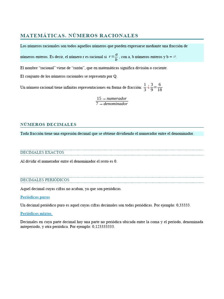 numeros racionales | PDF | Número racional | División (Matemáticas)
