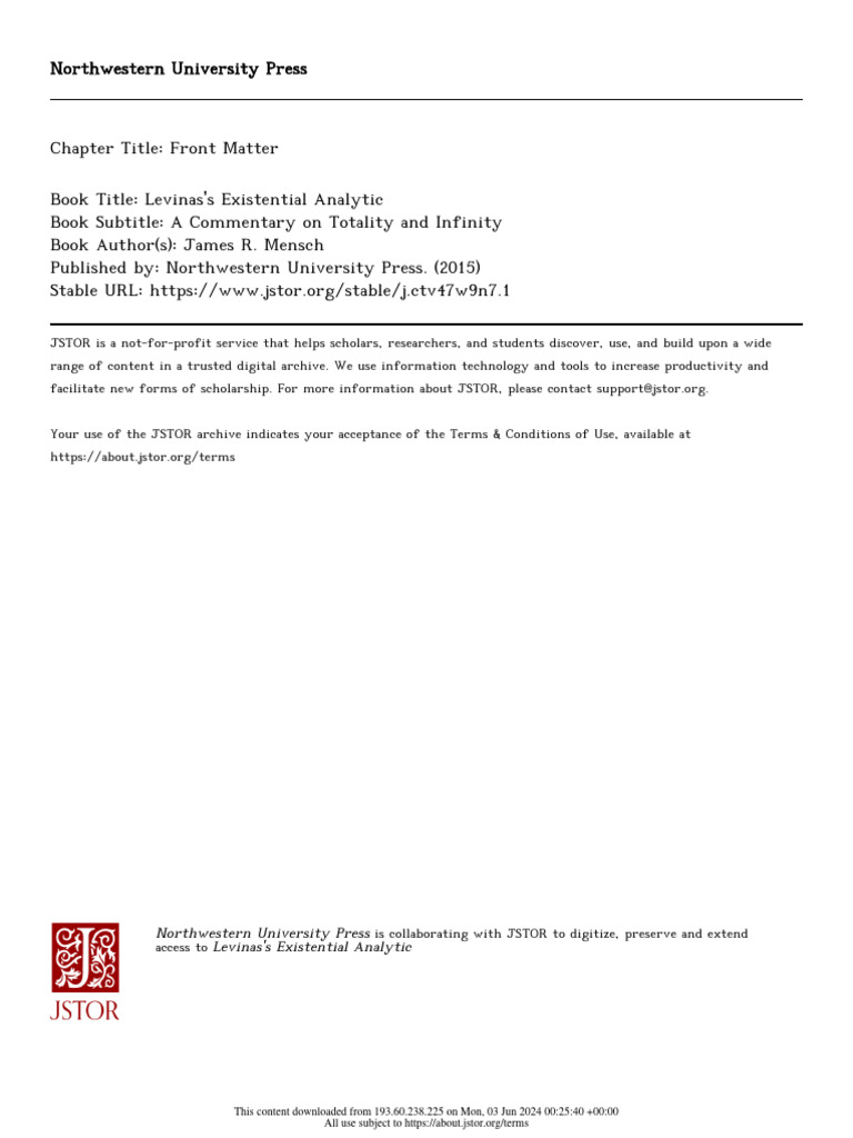 Levinas's Existential Analytic A Commentary On Totality and Infinity ...