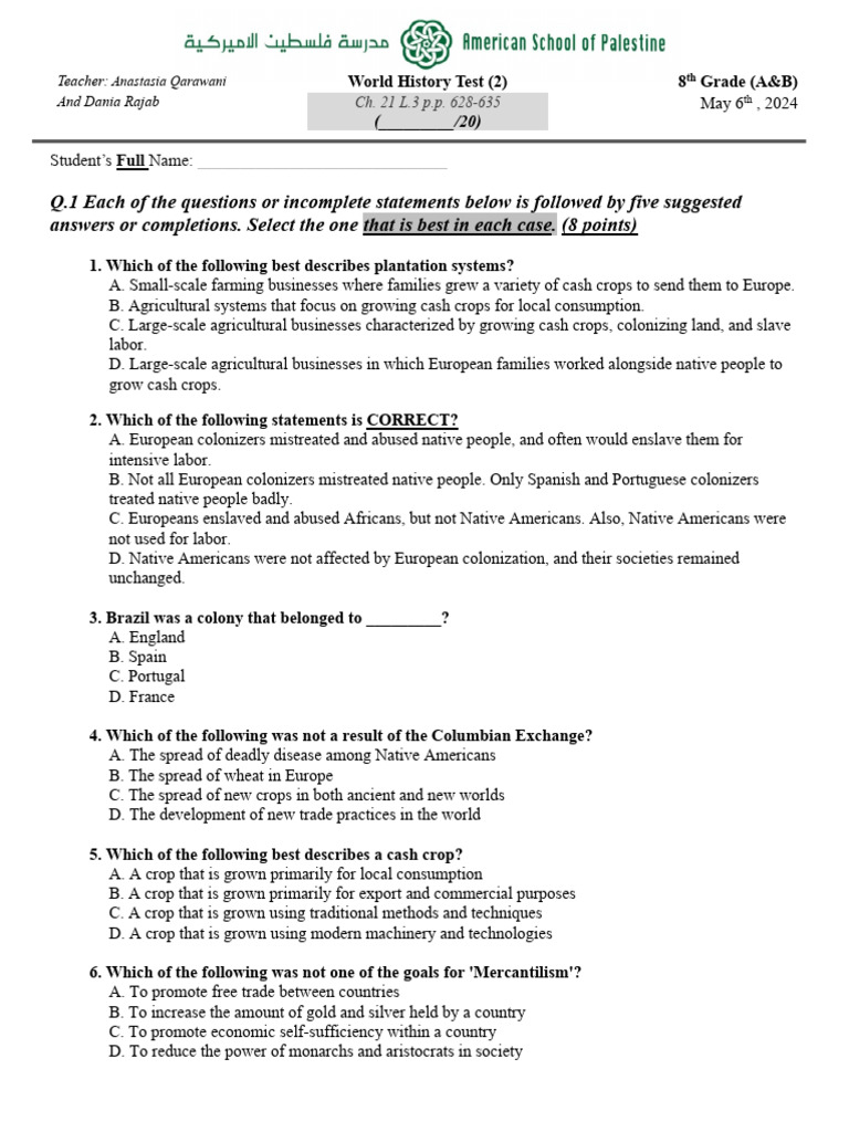8th Grade (2nd Test) | Download Free PDF | European Colonization Of The ...