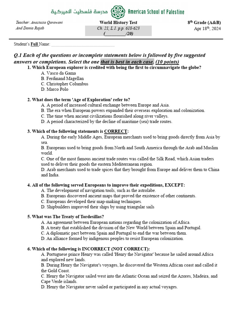 8th Grade World History Test: Age of Exploration | PDF | Voyages Of ...