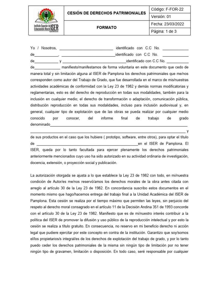 F FOR 22 Cesión de Derechos Patrimoniales | PDF | Derecho