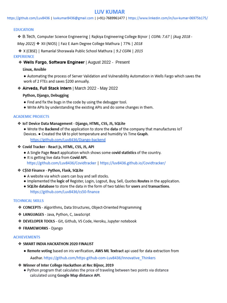 Resume Luv 2023 | Download Free PDF | Python (Programming Language) | Internet Of Things