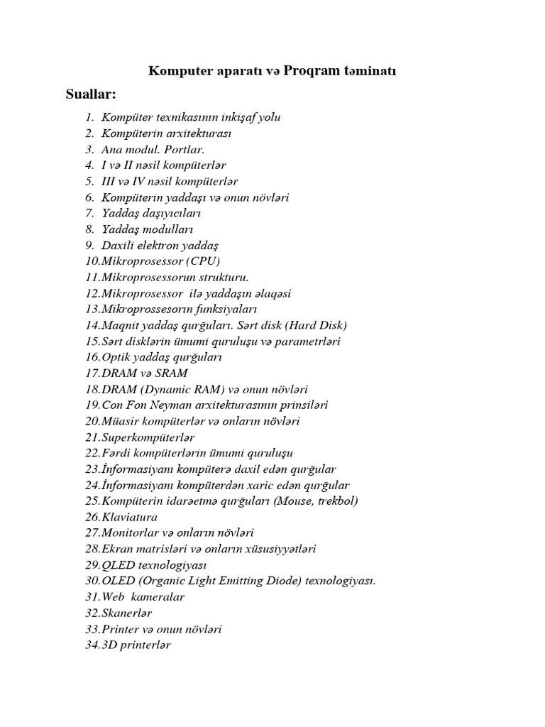 Komputer Aparatı VƏ Proqram Təminatı Cavabları | PDF