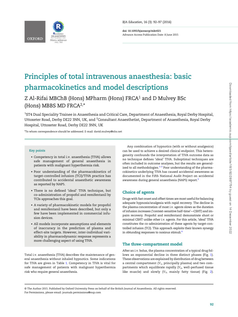 TIVA Pharmacokinetics for Anesthetists | PDF | Pharmacokinetics | Anesthesia