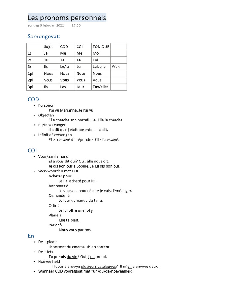 Les Pronoms Personnels | PDF