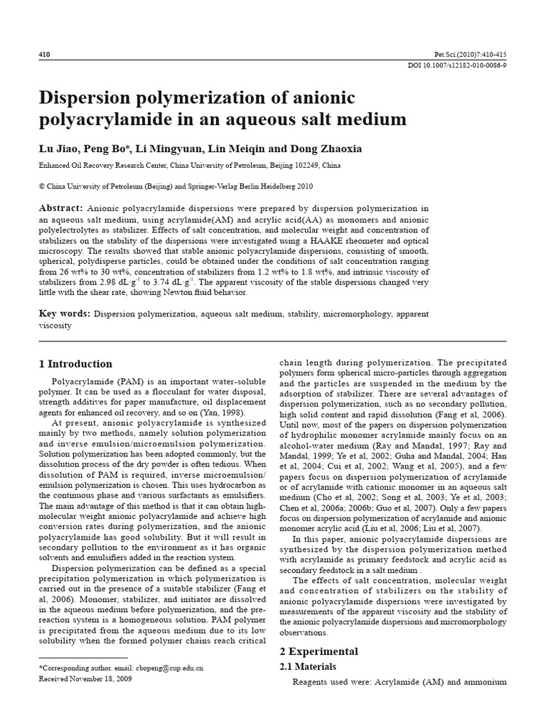 Dispersion Polymerization of Anionic Polyacrylamide in An Aqueous Salt ...