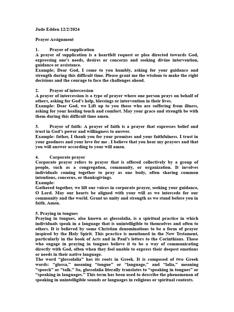 Prayer Assignment | PDF | Prayer | Confession (Religion)