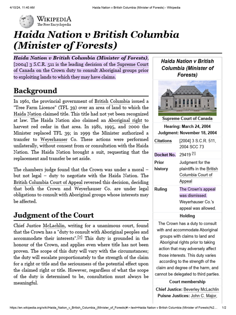 Haida Nation V British Columbia (Minister of Forests) - Wikipedia | PDF | Judiciaries | Common Law