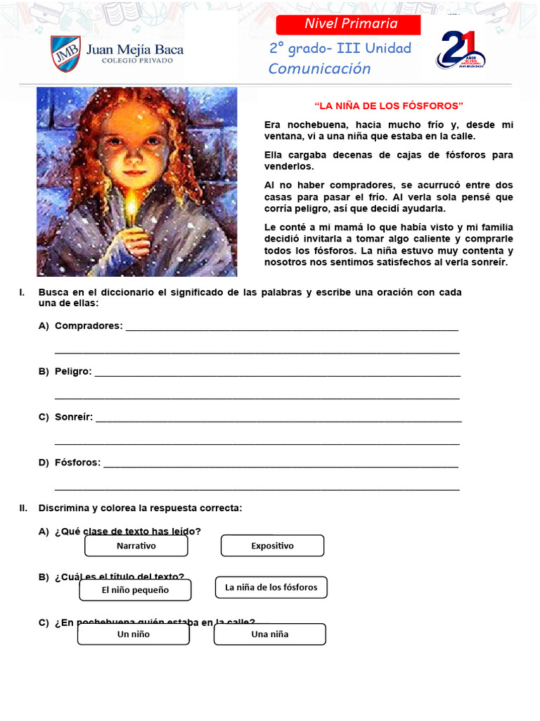 Ficha 3 La Niña De Los Fósforos Comunicación Tercer Unidadd Pdf