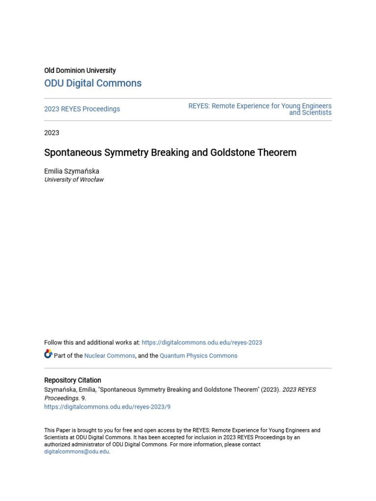 Spontaneous Symmetry Breaking and Goldstone Theorem | Download Free PDF ...