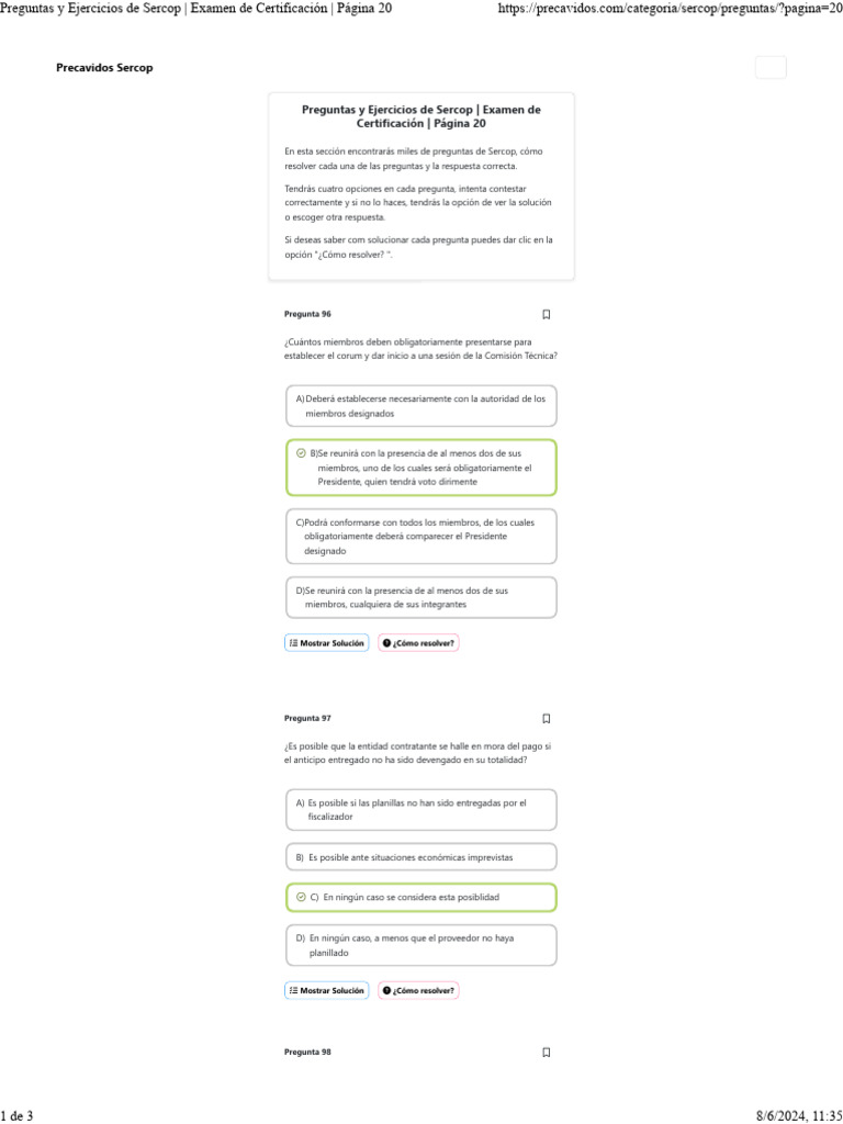 Preguntas y Ejercicios de Sercop Examen de Certificación Página 20 | PDF