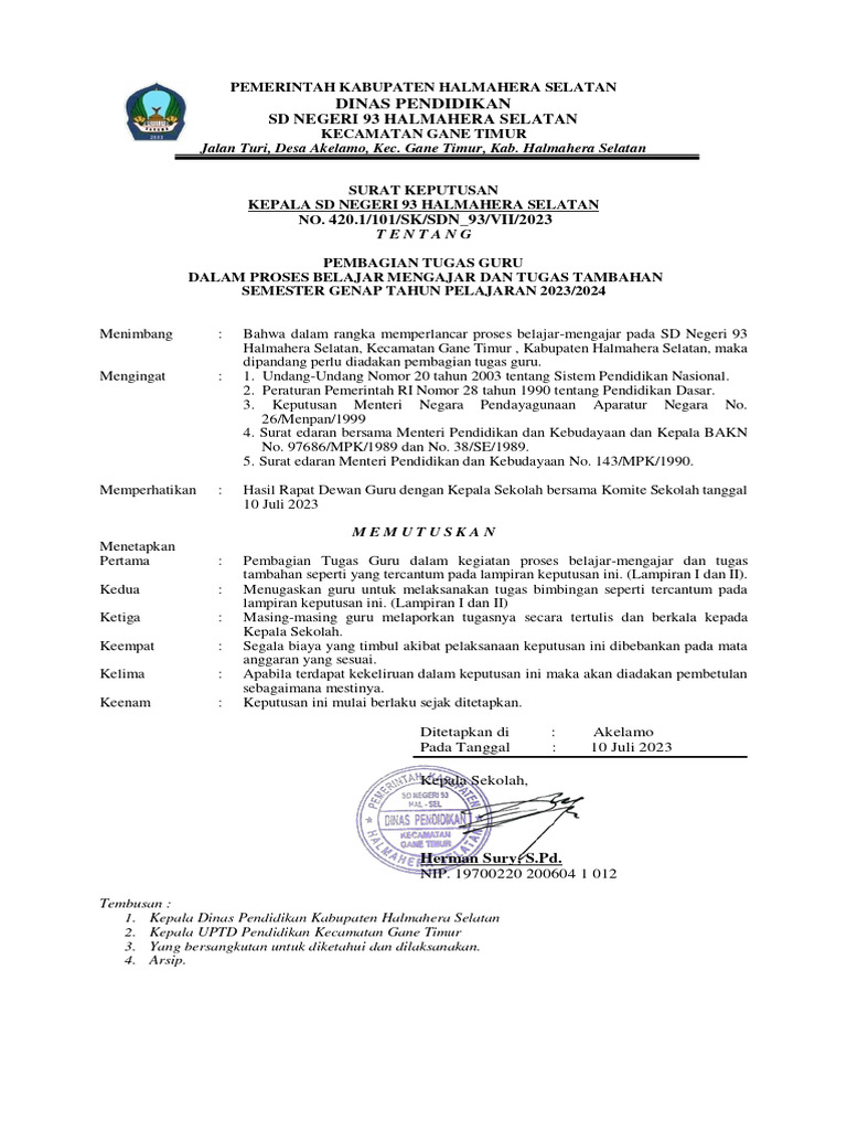 SK Tugas Mengajar Dan Tugas Tambahan 2324 SMT 1 | PDF