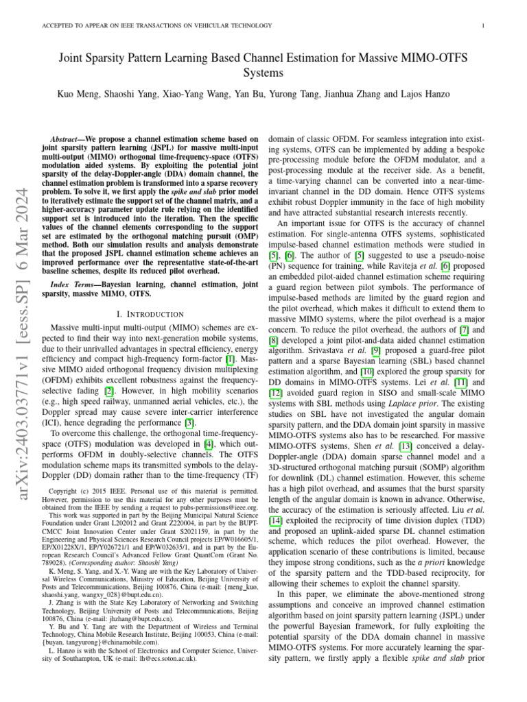 Joint Sparsity Pattern Learning Based Channel Estimation For Massive MIMO-OTFS Systems | PDF ...