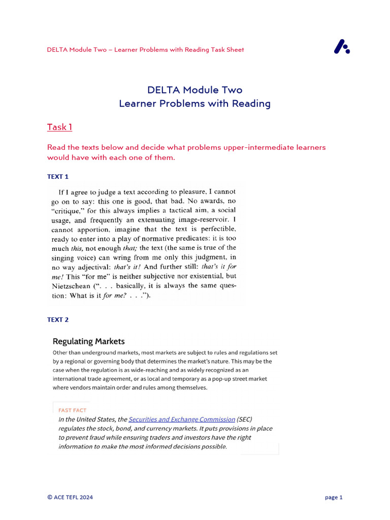 Learner Problems With Reading Task Sheet | PDF