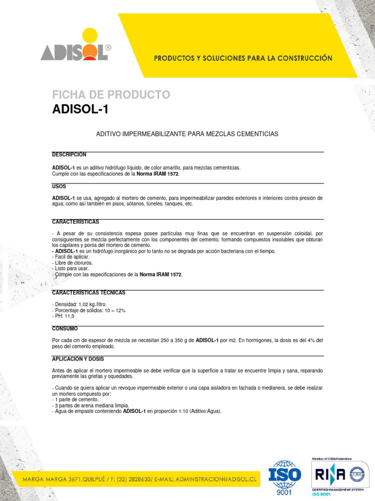 Adisol 1 | PDF | Mortero (Albañilería) | Agua